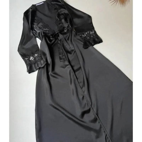 6-Piece Long Slit Silk Nighty Set in Black – Luxurious Nightwear for ...